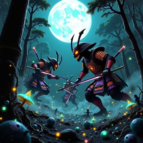 Yokai And Oni Battle In Neon Lit Forest Ai Art