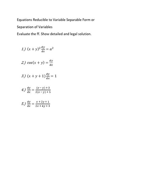 Quiz 6 Equation Reducible To Separable Form Pdf