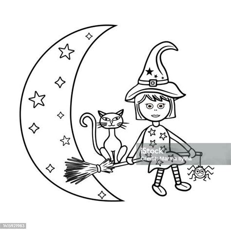 빗자루 흑백 벡터 일러스트레이션에 날아 다니는 고양이와 거미가있는 할로윈 귀여운 작은 마녀 10월에 대한 스톡 벡터 아트 및 기타 이미지 10월 가공의 인물 가을
