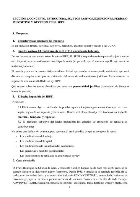 2 Irpf Concepto Y Estructura LecciÓn 2 Concepto Estructura Sujetos Pasivos Exenciones