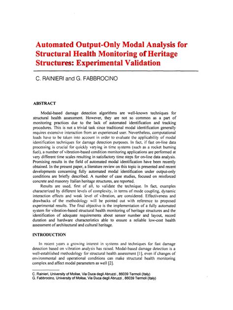 Pdf Automated Output Only Modal Analysis For Structural Health Monitoring Of Heritage