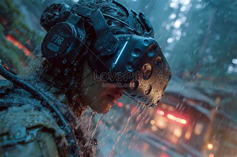 비에 Vr 헬멧을 착용 한 사람의 장면