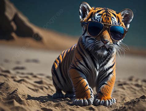 해변에서 노는 선글라스를 쓴 귀여운 아기 호랑이 호랑이 색안경 해변 배경 일러스트 및 사진 무료 다운로드 Pngtree