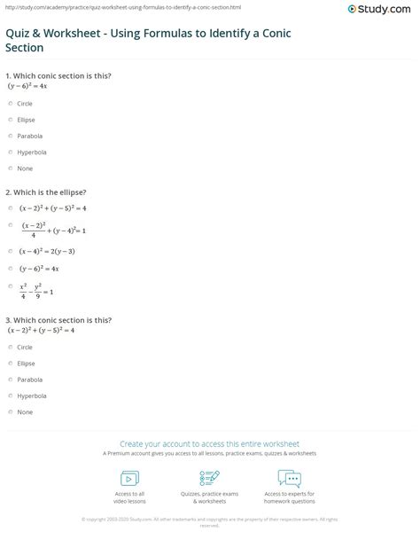 quiz and worksheet using formulas to identify a conic section