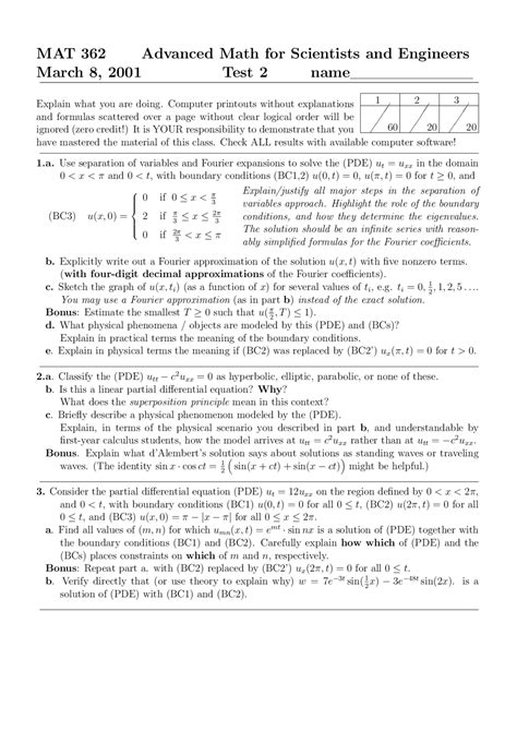 Test 2 Advanced Mathematical For Scientists And Engineers Fall 2001 Mat 362 Docsity