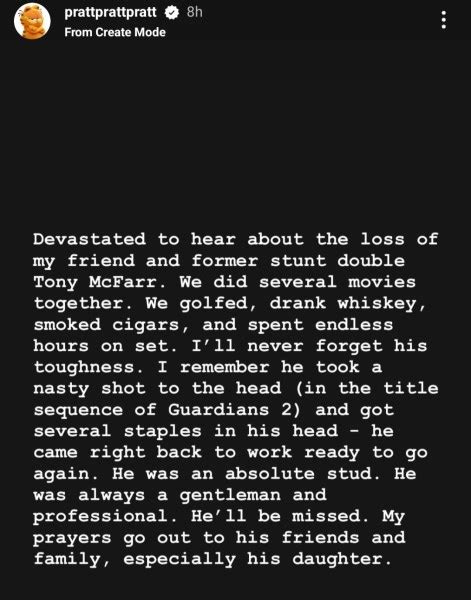 Chris Pratt Mourns Stunt Double Tony Mcfarr From Guardians Of Galaxy