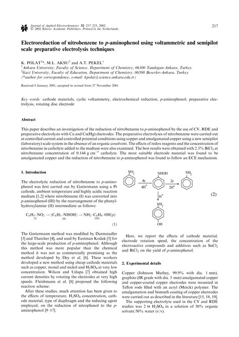 Pdf Electroreduction Of Nitrobenzene To P Aminophenol Using Voltammetric And Semipilot Scale