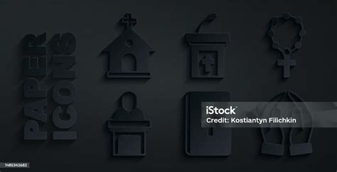 성경책 묵주 구슬 종교 교회 목사 설교 손 기도 위치 설교 트리뷴 및 건물 아이콘을 설정합니다 벡터 3차원 형태에 대한 스톡 벡터 아트 및 기타 이미지 Istock