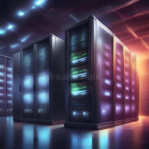 Modern Data Technology Center Server Racks In Dark Room With Vfx Stock Illustration