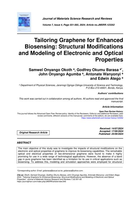 Pdf Tailoring Graphene For Enhanced Biosensing Structural Modifications And Modeling Of