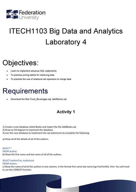 Itech 1103 Topic 4 Lab Solutions Itech1103 Big Data And Analytics Laboratory 4 Objectives