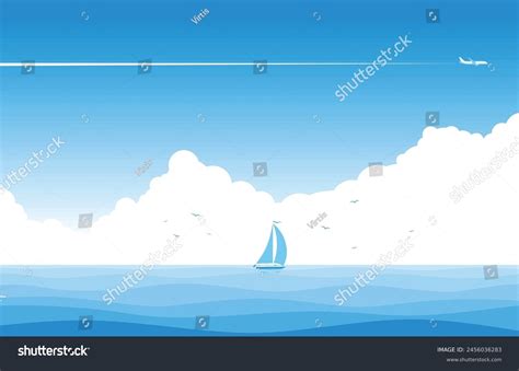 수평선에 푸른 바다 위에 구름 비행기와 스톡 벡터로열티 프리 2456036283 Shutterstock
