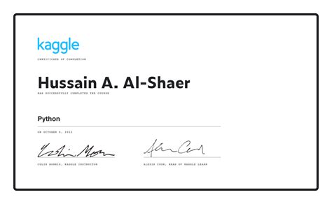 hussain a al shaer completed the python course on kaggle
