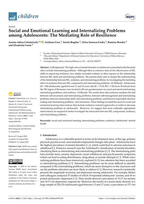 Pdf Social And Emotional Learning And Internalizing Problems Among Adolescents The Mediating
