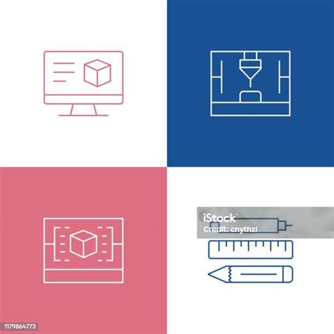 벡터 그림 3d 인쇄 및 모델링 관련 가는 선 아이콘입니다 편집 가능한 벡터 스트로크 3차원 인쇄에 대한 스톡 벡터 아트 및