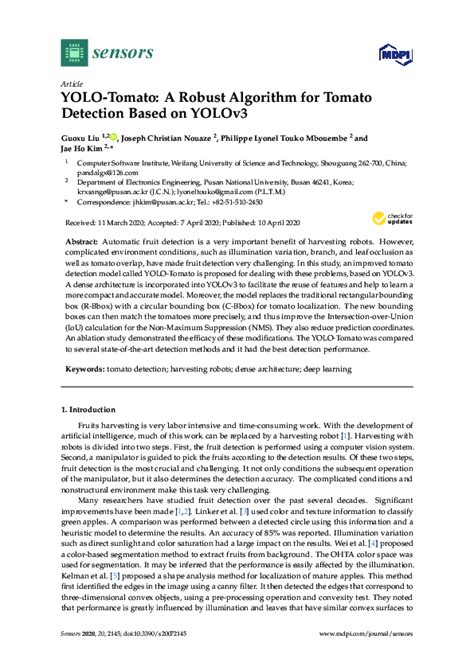 Pdf Yolo Tomato A Robust Algorithm For Tomato Detection Based On Yolov3