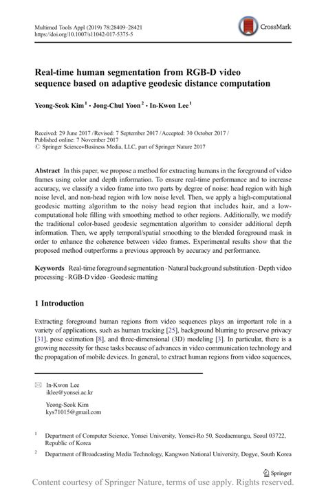 Real Time Human Segmentation From Rgb D Video Sequence Based On Adaptive Geodesic Distance