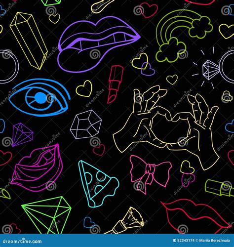 Seamless Vector Neon Pattern With Doodle Elements Stock Vector