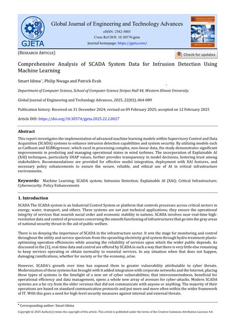 PDF Comprehensive Analysis Of SCADA System Data For Intrusion Detection Using Machine Learning