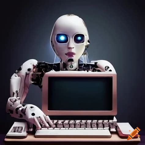 Female Robot Using A Vintage Computer On Craiyon