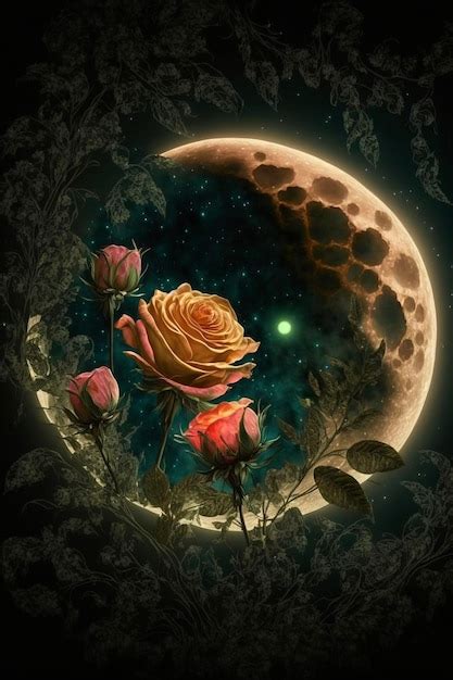 Premium Ai Image Close Up Of A Flower With A Full Moon In The Background Generative Ai