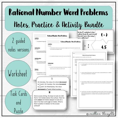 Rational Number Word Problems Bundle Notes Worksheet And Activities