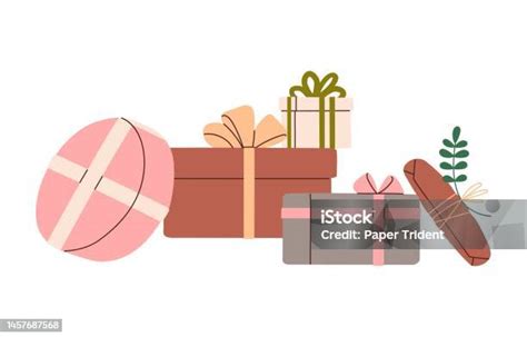 축제 종이에 선물 상자 휴일 선물은 랩 핑 리본 활에 포함 되어 있습니다 포장 된 패키지 구성 다른 모양 크기의 놀라움 흰색 배경에 격리된 평면 벡터 그림 개체 그룹에 대한