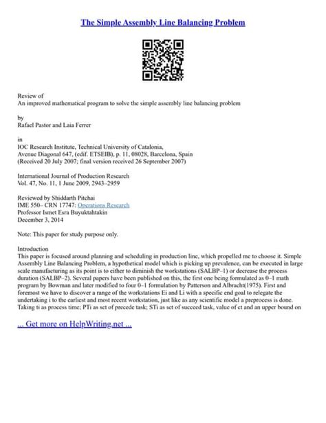 The Simple Assembly Line Balancing Problem Pdf Web Development