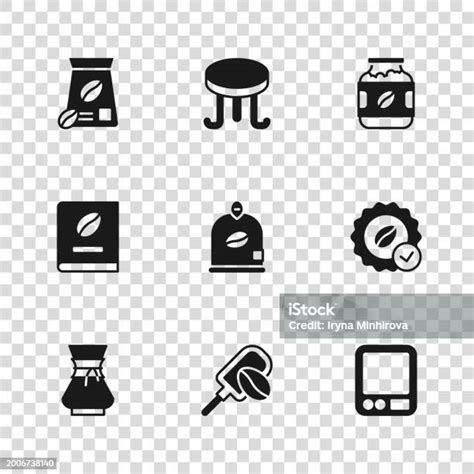 커피 곡물 메달 전자 저울 가방 콩 커피 항아리 병 테이블 및 책 아이콘으로 주걱을 설정합니다 벡터 0명에 대한 스톡 벡터 아트