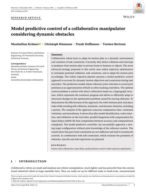 Pdf Model Predictive Control Of A Collaborative Manipulator Considering Dynamic Obstacles Na