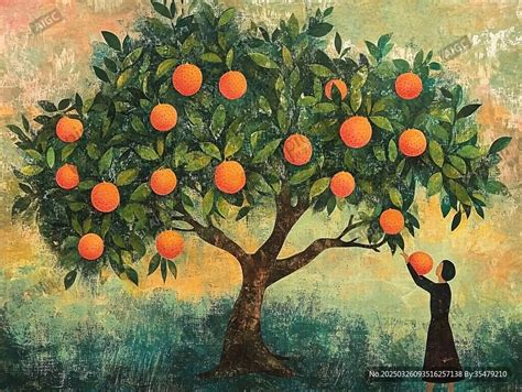 Ai创作图女子 果树 橙子 采摘 绘画 风景 绿叶 果实 艺术 插画 丰收 田园 人物 树木 色彩 昵图网