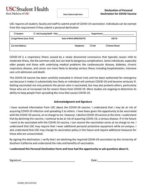 Declaration Of Personal Declination For Covid Vaccine By