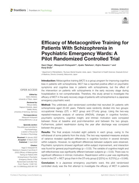 Pdf Efficacy Of Metacognitive Training For Patients With Schizophrenia In Psychiatric