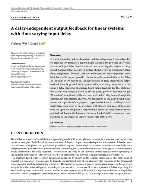 Pdf A Delay Independent Output Feedback For Linear Systems With Time