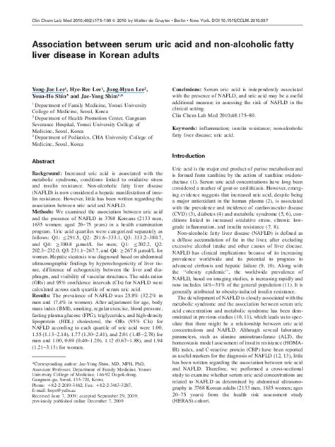 Pdf Association Between Serum Uric Acid And Non Alcoholic Fatty Liver Disease In Korean Adults