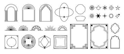 간단한 선형 스타일의 디자인 요소 및 일러스트레이션 벡터 세트 Boho 아치 및 테두리 로고 디자인 요소 및 소셜 미디어 스토리 및 게시물 인쇄물 및 포스터 요소에 대한