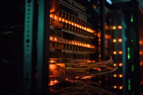 Premium Ai Image Closeup Of Server Rack With Blinking Lights And Cables Created With Generative Ai