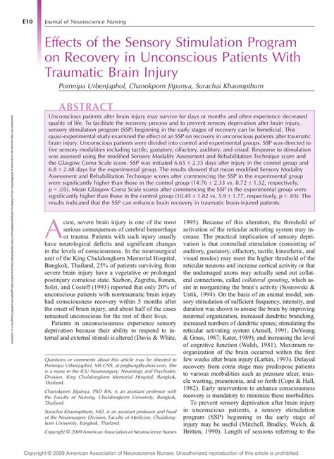 Pdf Effects Of The Sensory Stimulation Program On Recovery In Unconscious Patients With