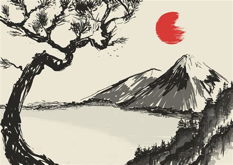 Иллюстрация Пейзаж в японском стиле в стиле пейзаж