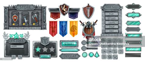 돌 게임 Ui 벡터 세트 바위 중세 메뉴 프레임 간판 보석 버튼 기사 플래그 방패 여가활동 게임에 대한 스톡 벡터 아트 및 기타