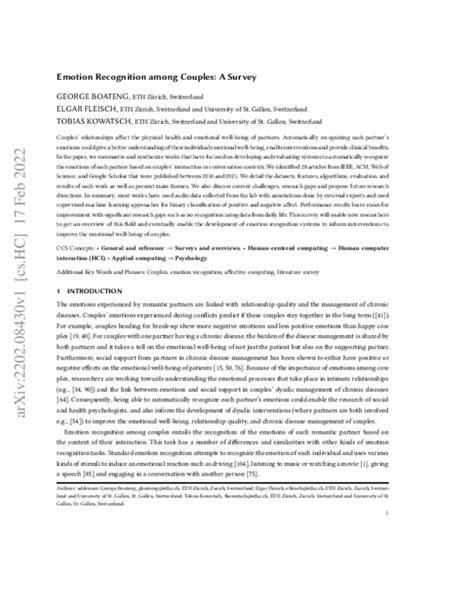 Pdf Emotion Recognition Among Couples A Survey