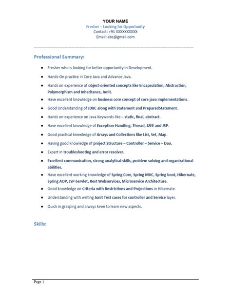 Sample Resume Format Fresher Pdf Spring Framework Java