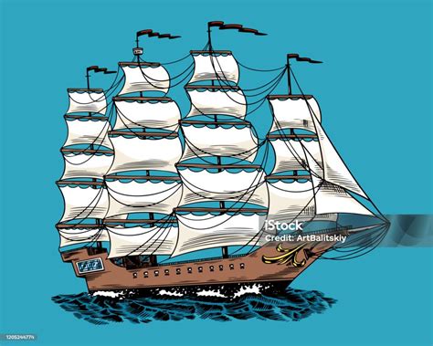 바다에서 범선 여름 모험 활동적인 휴가 파란색 배경에 항해 선박 해양 선박 또는 해상 캐러벨 바다에서 물 수송 빈티지 스타일에 그려진 손으로 새겨진 고대의에 대한 스톡 벡터