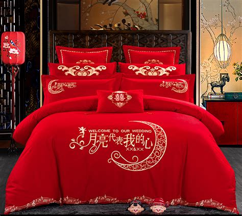 床上四件套婚庆4结婚纯棉全棉大红刺绣新婚房喜被六八十件套床盖 虎窝淘