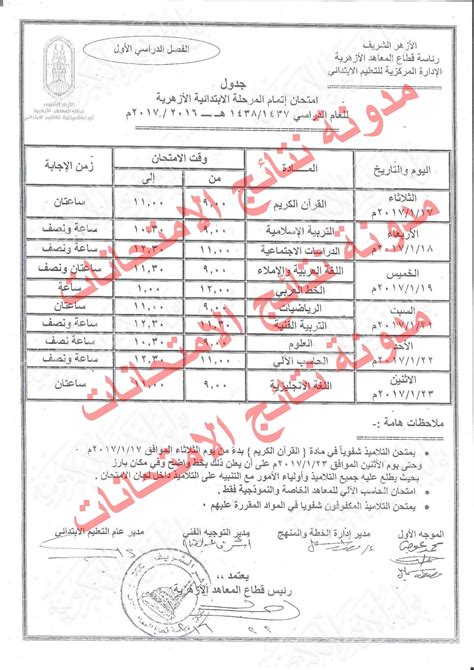 جدول امتحانات الشهادة الابتدائيه الازهريه 2018 الصف السادس الابتدائى