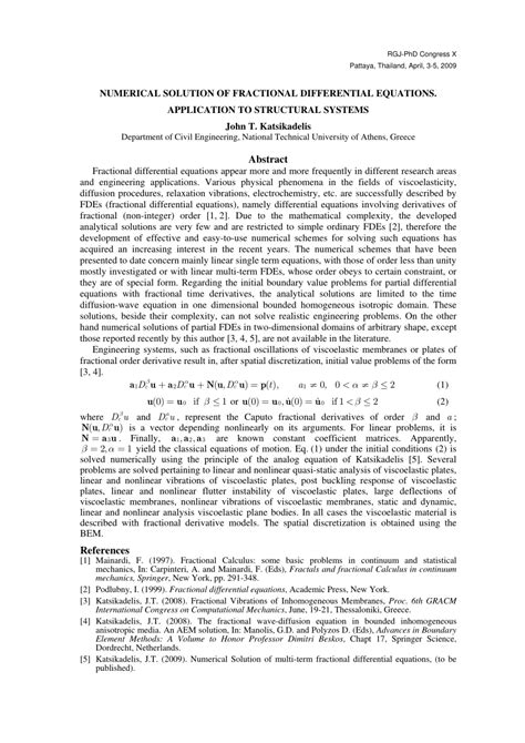Pdf Numerical Solution Of Fractional Differential Equations Application To Structural Systems