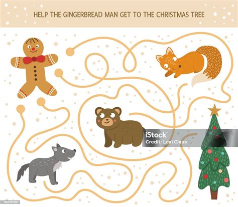 어린이를위한 겨울 미로 유치원 크리스마스 활동 동화 캐릭터 여우 곰 늑대와 새해 퍼즐 게임 진저 브레드 남자가 크리스마스 트리에 도착 도움이됩니다 아이에 대한 스톡 벡터