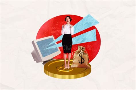 3d Retro Abstract Creative Artwork Template Collage Of Excited Funny Female Office Manager Earn