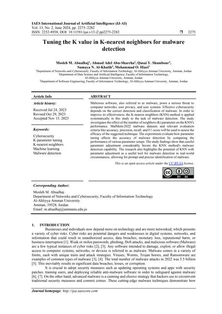 tuning the k value in k nearest neighbors for malware detection pdf