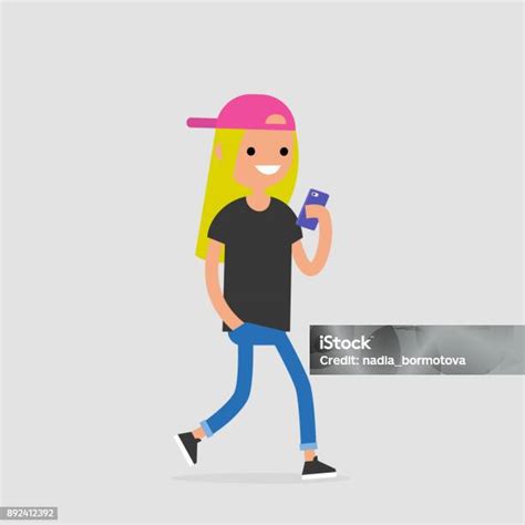 젊은 여성 도보 문자 전화를 사용 하 여 천년 세대입니다 기술입니다 평면 편집 가능한 벡터 일러스트 레이 션 클립 아트 전화 사용에 대한 스톡 벡터 아트 및 기타 이미지